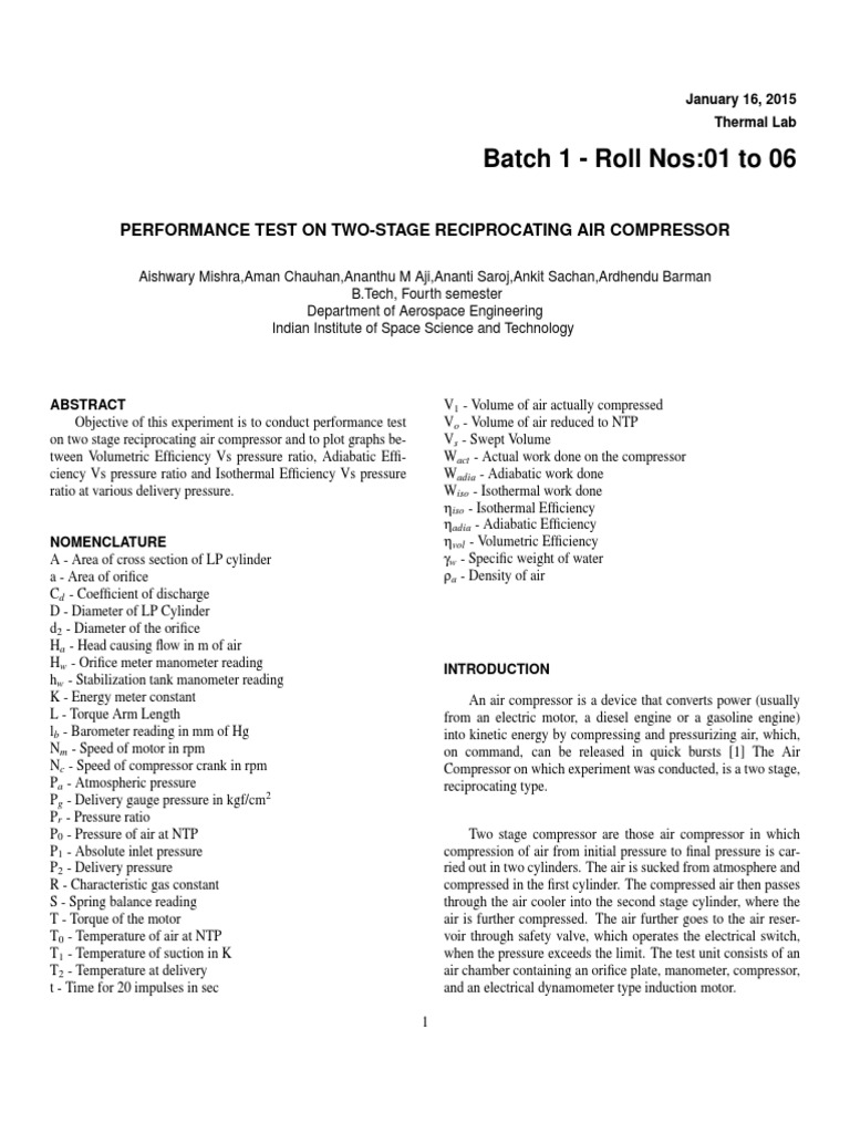 Performance Test On Two Stage Reciprocating Air Compressor Pdf Gas Compressor Cylinder