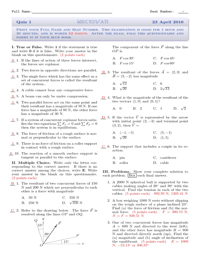 A11Quiz1Odd With Answers PDF | PDF | Euclidean Vector | Applied And Interdisciplinary Physics
