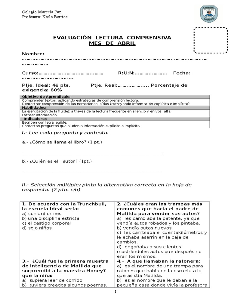 Evaluación de comprensión lectora sobre la novela Matilda de Roald Dahl | PDF | Lectura (proceso)