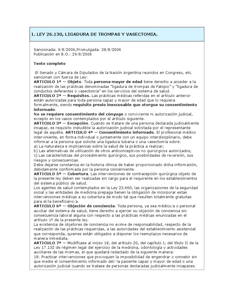 Ley 26.130, Ligadura de Trompas y Vasectomia | PDF | Control de la ...