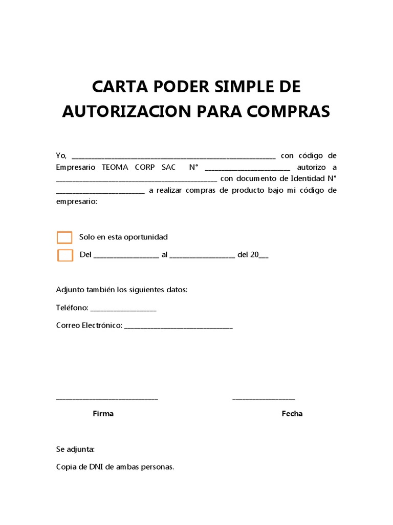 Carta Poder de Autorizacion para Compras | PDF