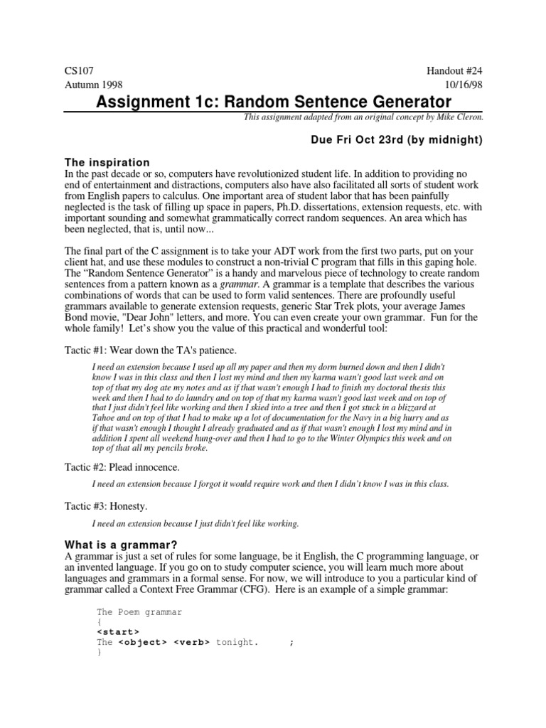 Assignment 1c: Random Sentence Generator: Due Fri Oct 23rd (By Midnight ...