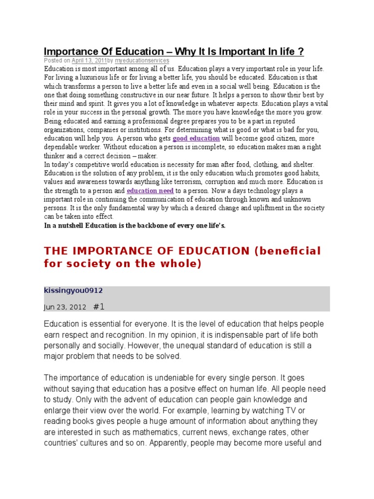 Importance of Education | PDF | Literacy | Society