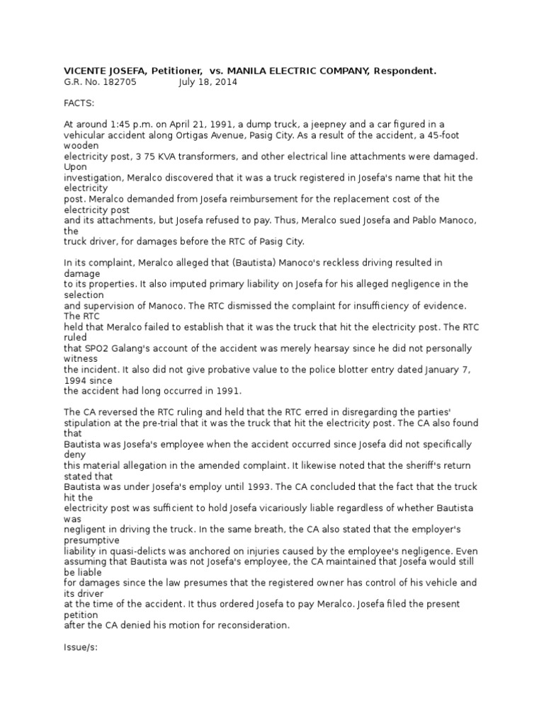 Josefa v. Meralco: Vicarious Liability Case | PDF | Negligence | Vicarious Liability