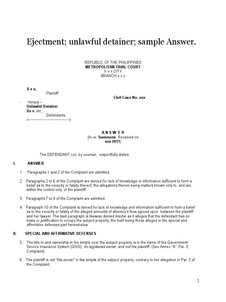 Ejectment - Answer | PDF | Lawsuit | Complaint