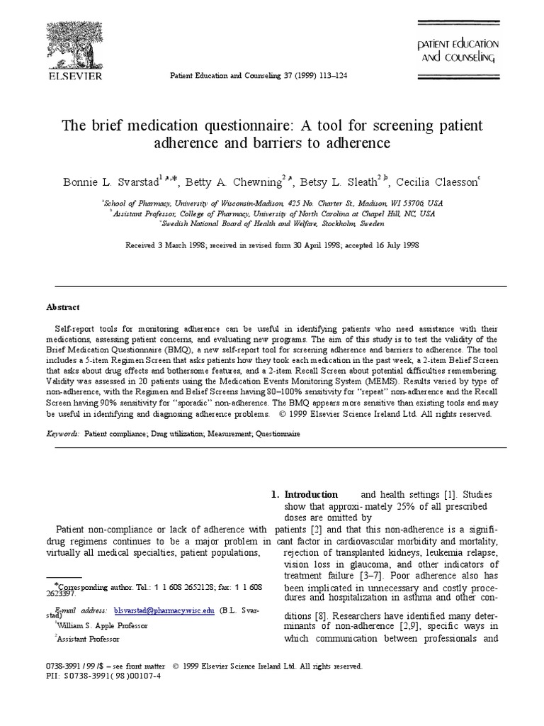 The Brief Medication Questionnaire a Tool for Screening Patient ...