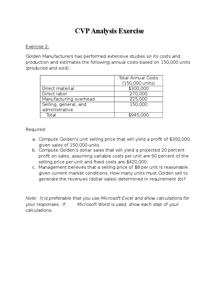 CVP Analysis Exercise 2 | PDF