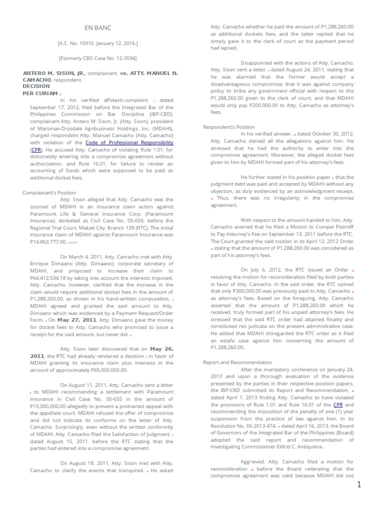 En Banc: Antero M. Sison, Jr. Camacho Decision Per Curiam | PDF ...