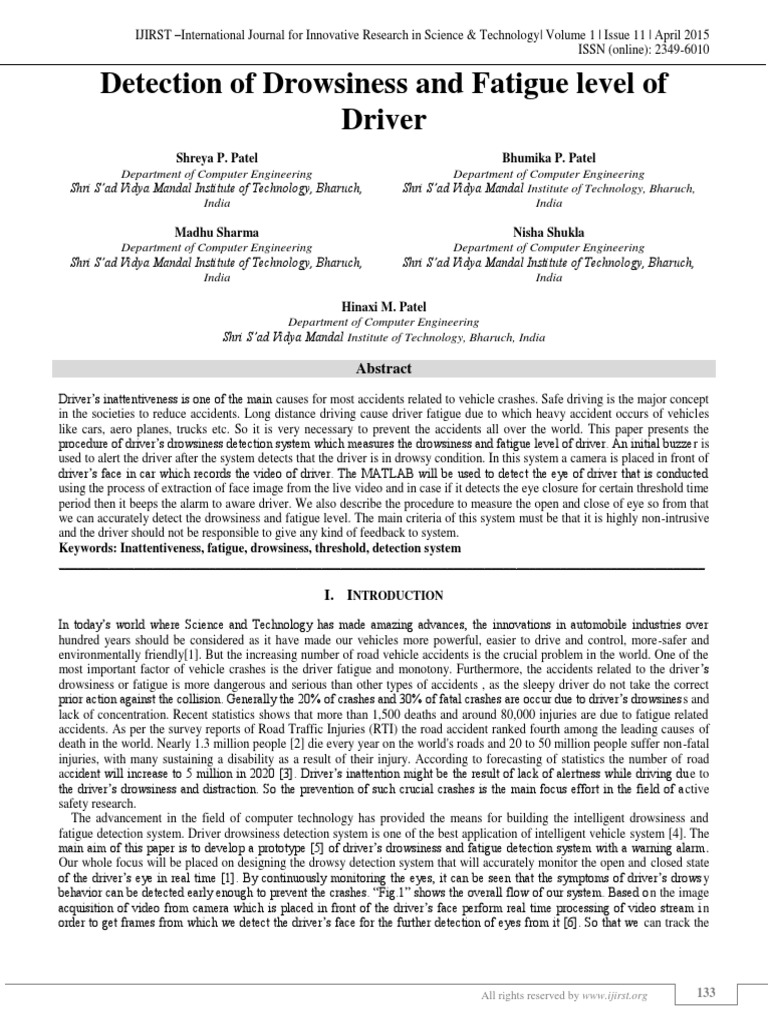 Detection of Drowsiness and Fatigue Level of Driver: Shreya P. Patel ...