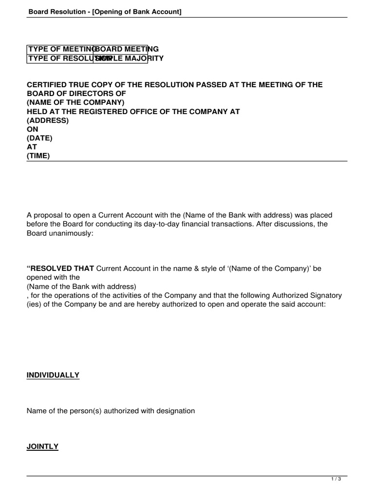 Board Resolution Opening of Bank Account | PDF | Board Of Directors ...