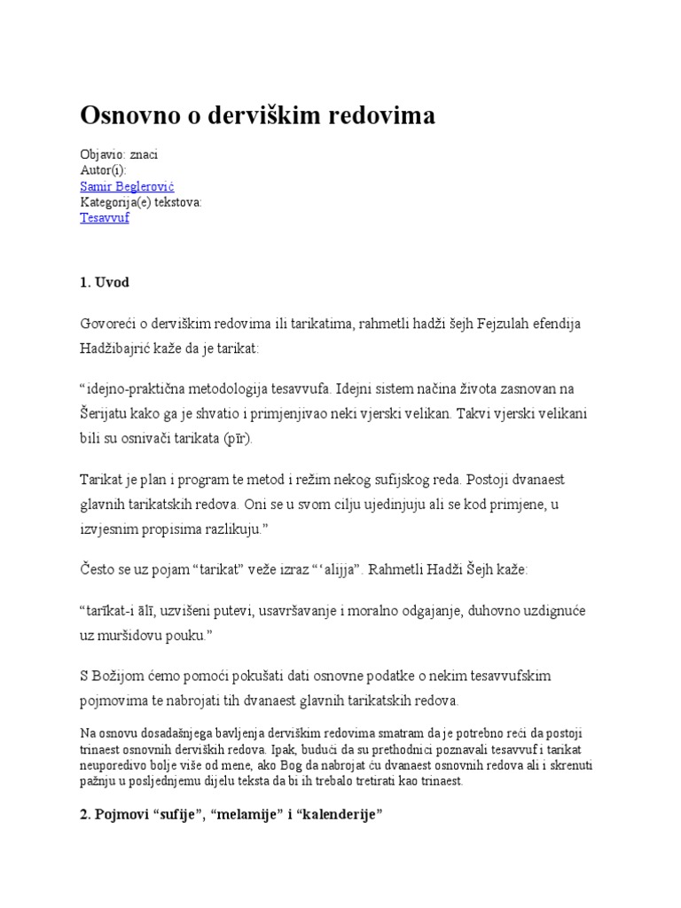 Osnovno o Derviškim Redovima | PDF