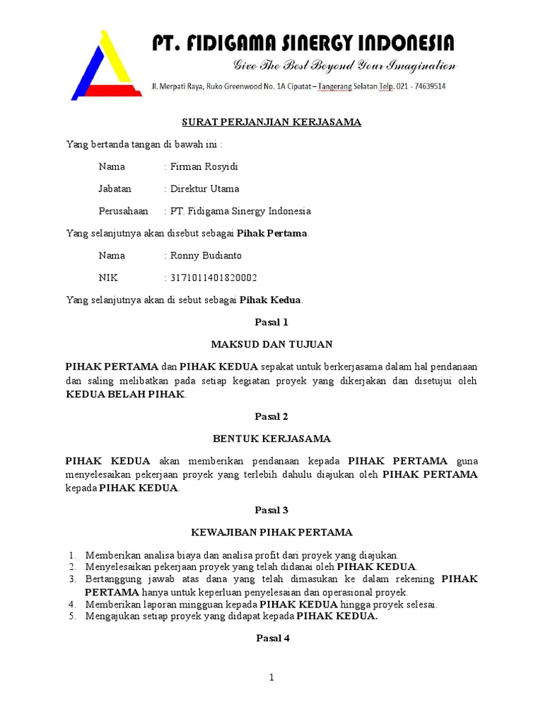 Surat Perjanjian Kerjasama | PDF