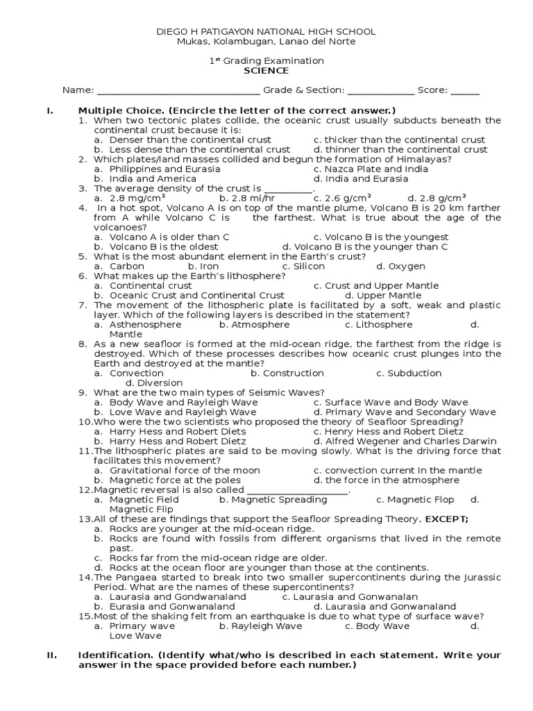 Grade 10 Science 1st Quarter Exam | PDF | Plate Tectonics | Crust (Geology)