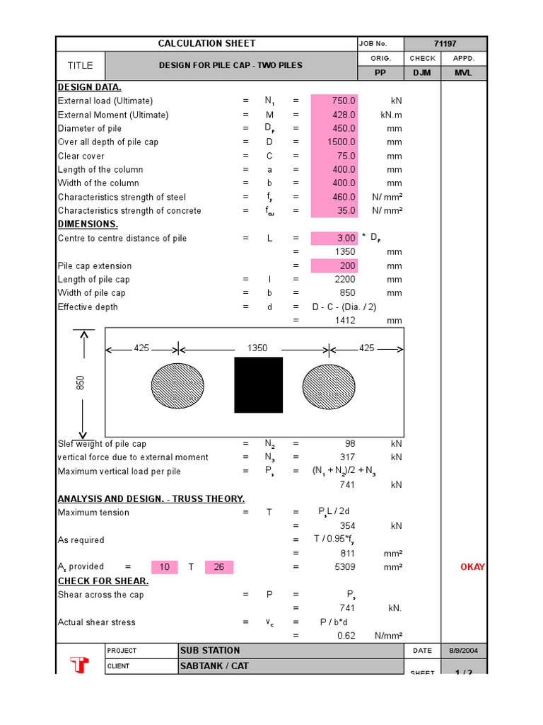 Calculation Sheet: 71197 Design For Pile Cap - Two Piles PP DJM MVL | PDF