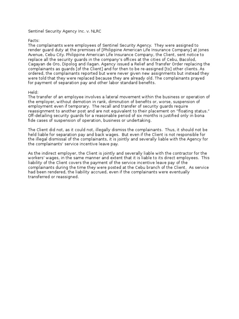 Sentinel Security Agency v. NLRC | PDF