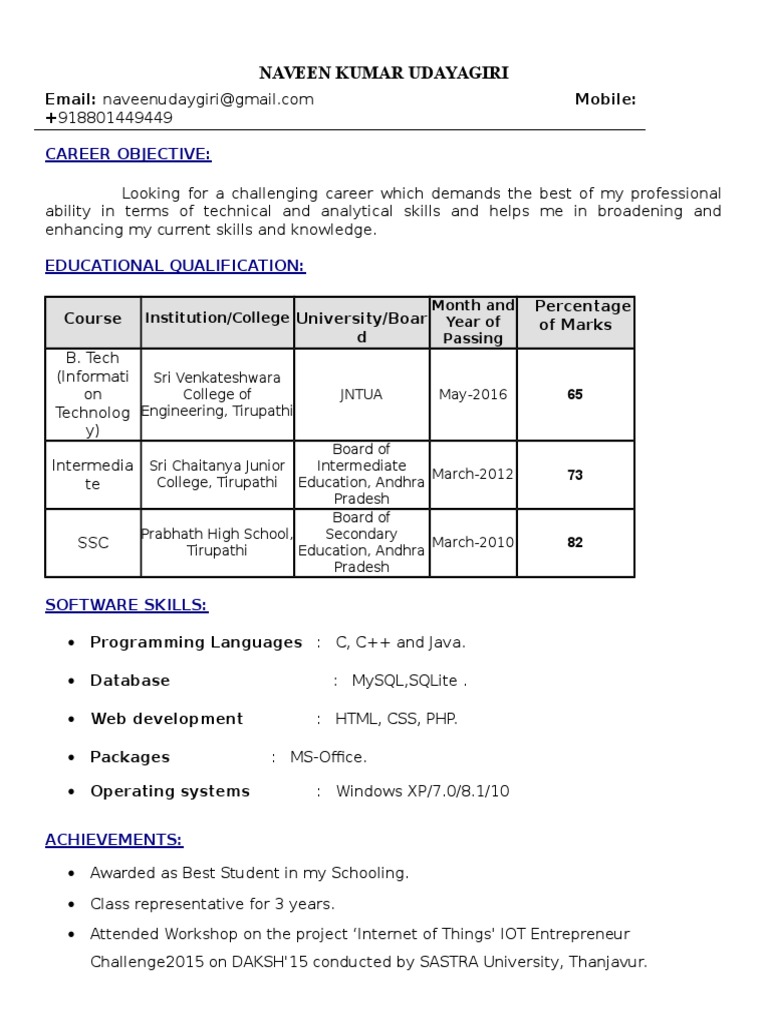 Naveen Kumar Udayagiri: Career Objective | PDF | Internet Of Things ... Naveen Kumar Udayagiri: Career Objective | PDF | Internet Of Things ...