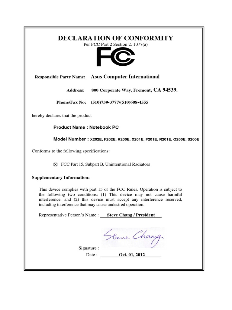 Declaration of Conformity: Asus Computer International, CA 94539 | PDF