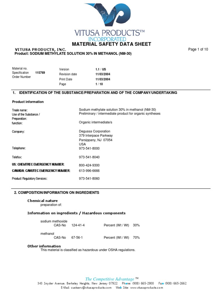 Sodium Methylate Vitusa Product | PDF | Organic Chemical