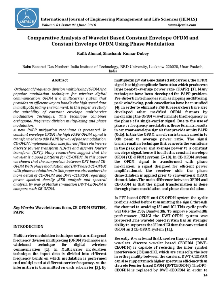 Comparative Analysis Of Wavelet Based Constant Envelope Ofdm And Constant Envelope Ofdm Using