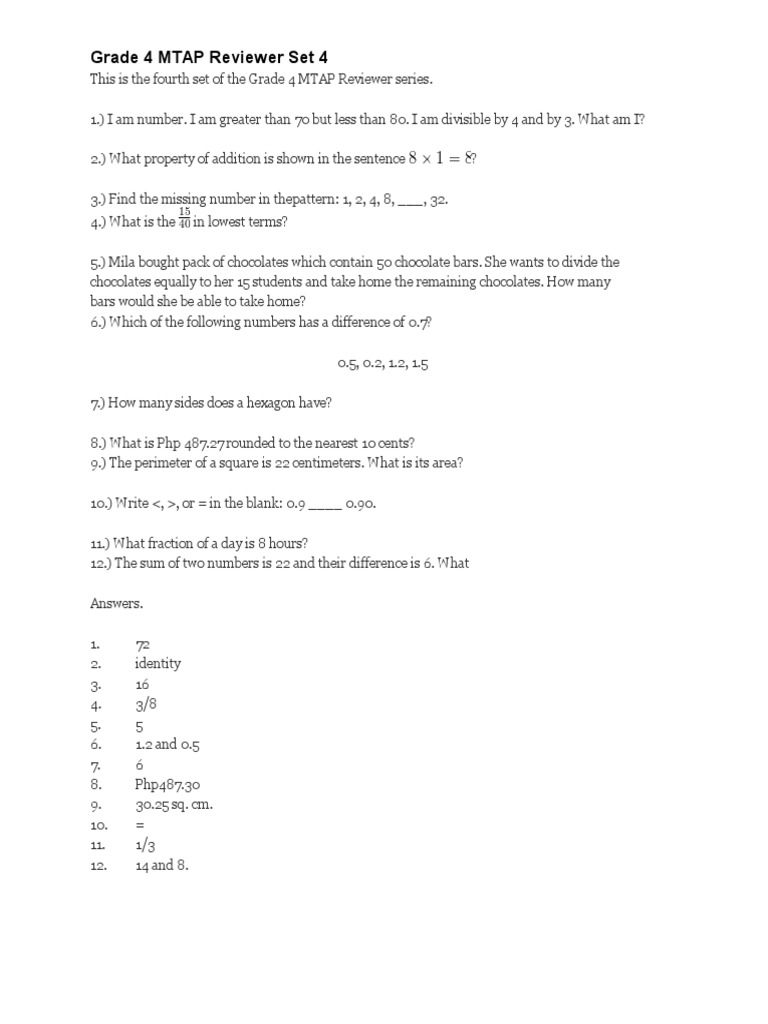 Grade 4 MTAP Reviewer Set 4 | PDF | Fraction (Mathematics) | Arithmetic
