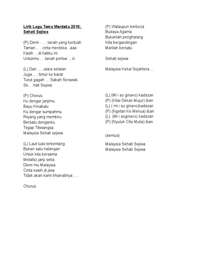 Lirik Lagu Tema Merdeka 2016 | PDF