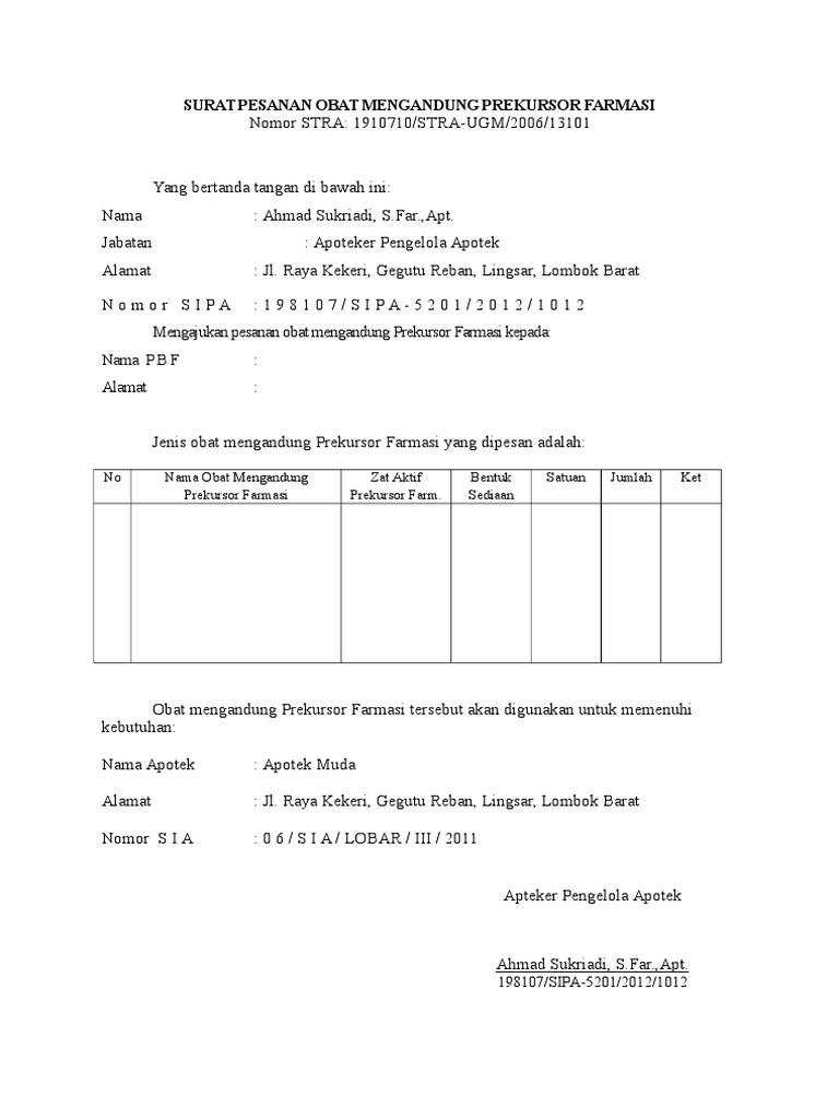 Surat Pesanan Obat Mengandung Prekursor Farmasi | PDF