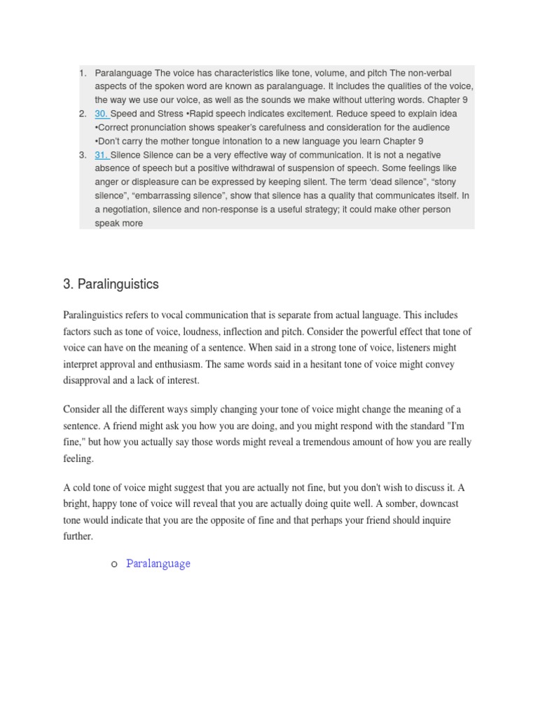 Paralanguage The Voice Has Characteristics Like Tone | PDF | Nonverbal ...