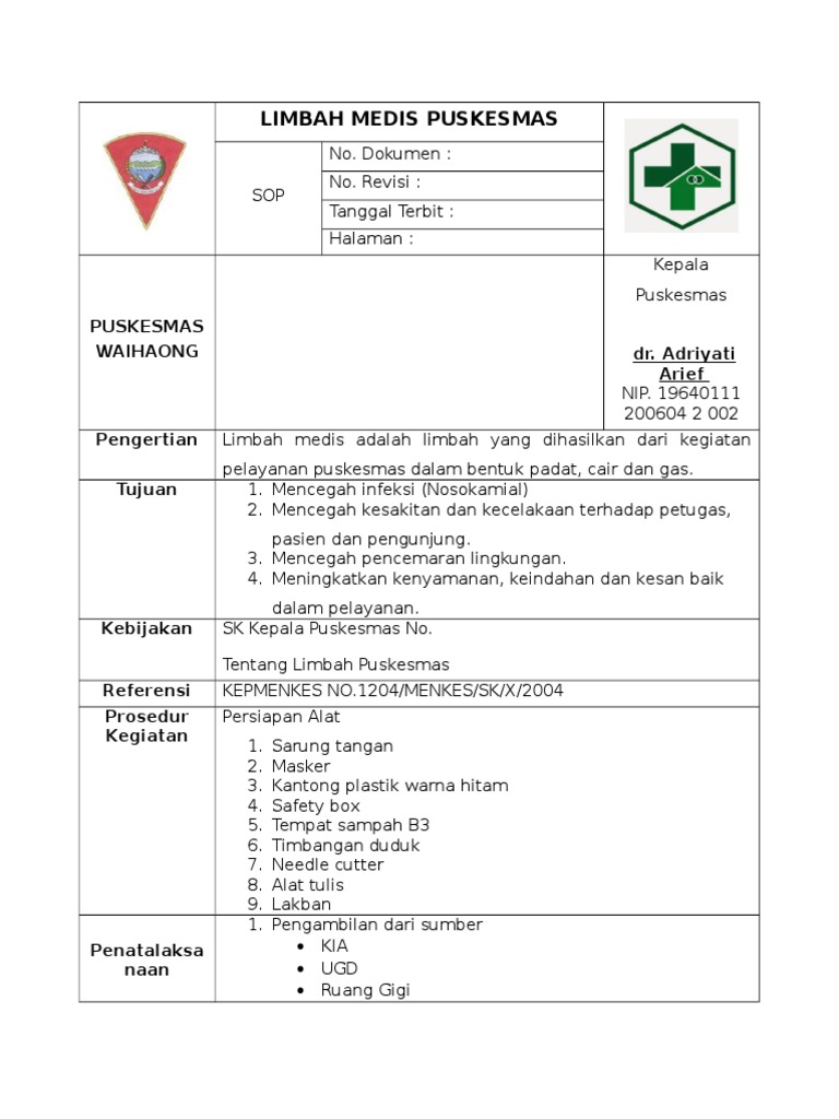 SOP Limbah Medis Puskesmas | PDF