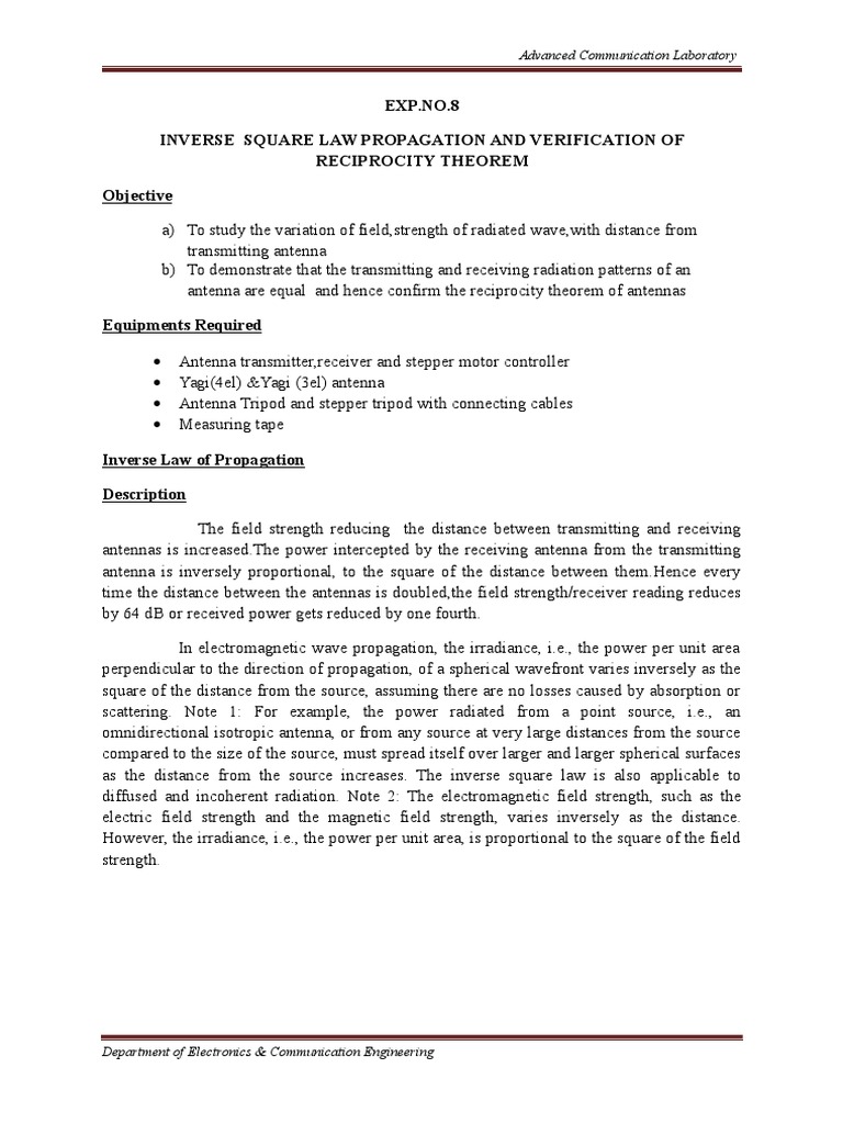 EXP - NO.8 Inverse Square Law Propagation and Verification of ...