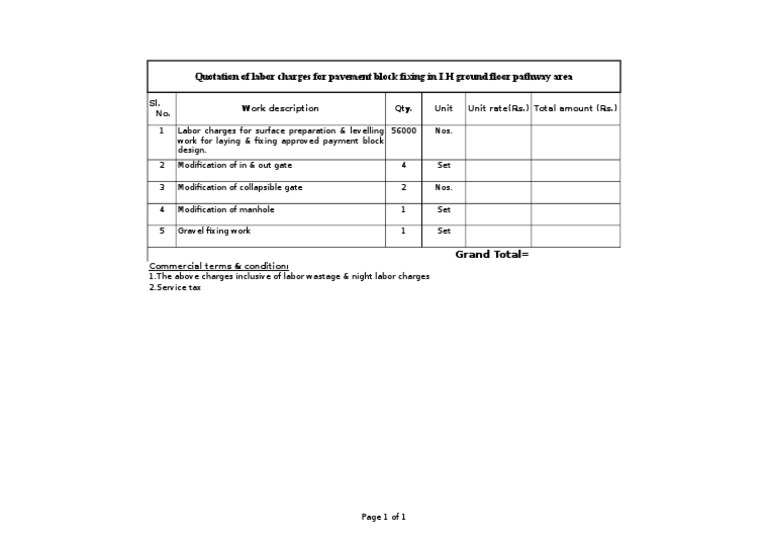 Quotation of Labor Charges For Payment Block Fixing in I.H Ground Floor ...
