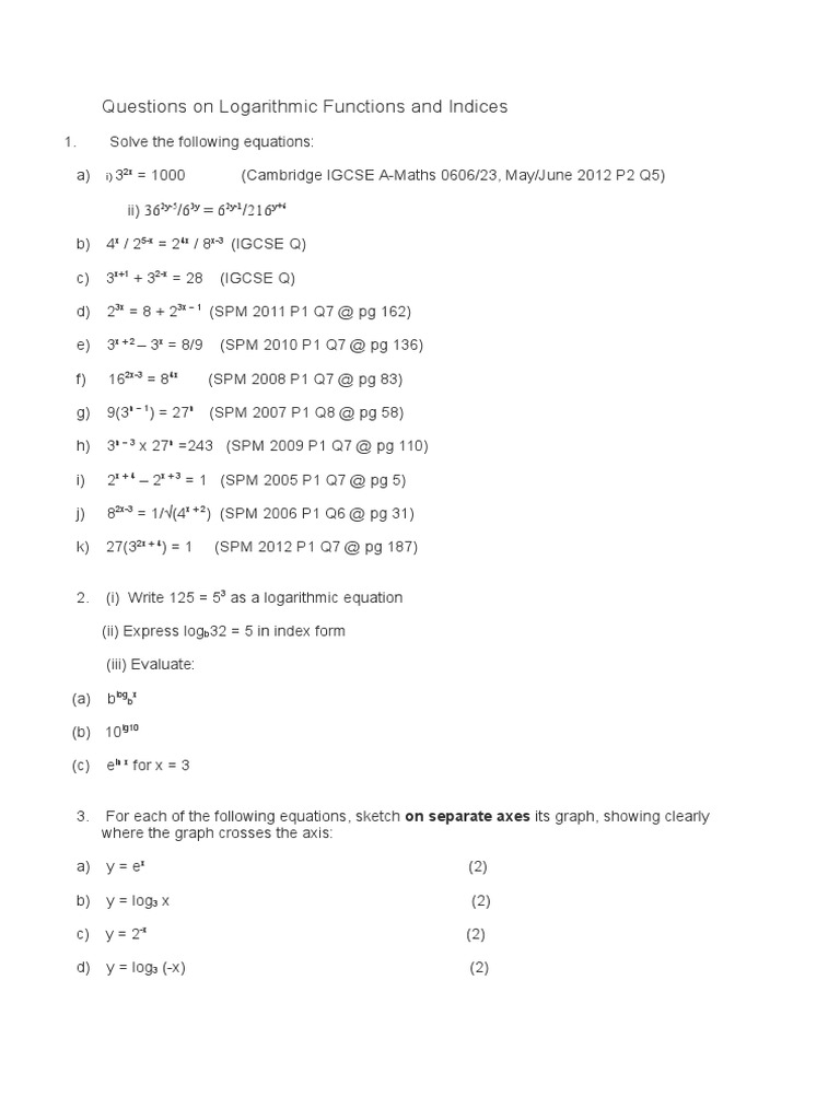 Logarithmic Functions and Indices Problems | PDF | Elementary ...