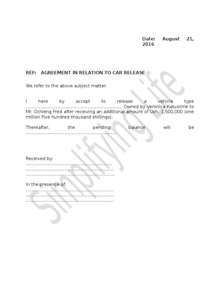 Vehicle Release Agreement Template | PDF