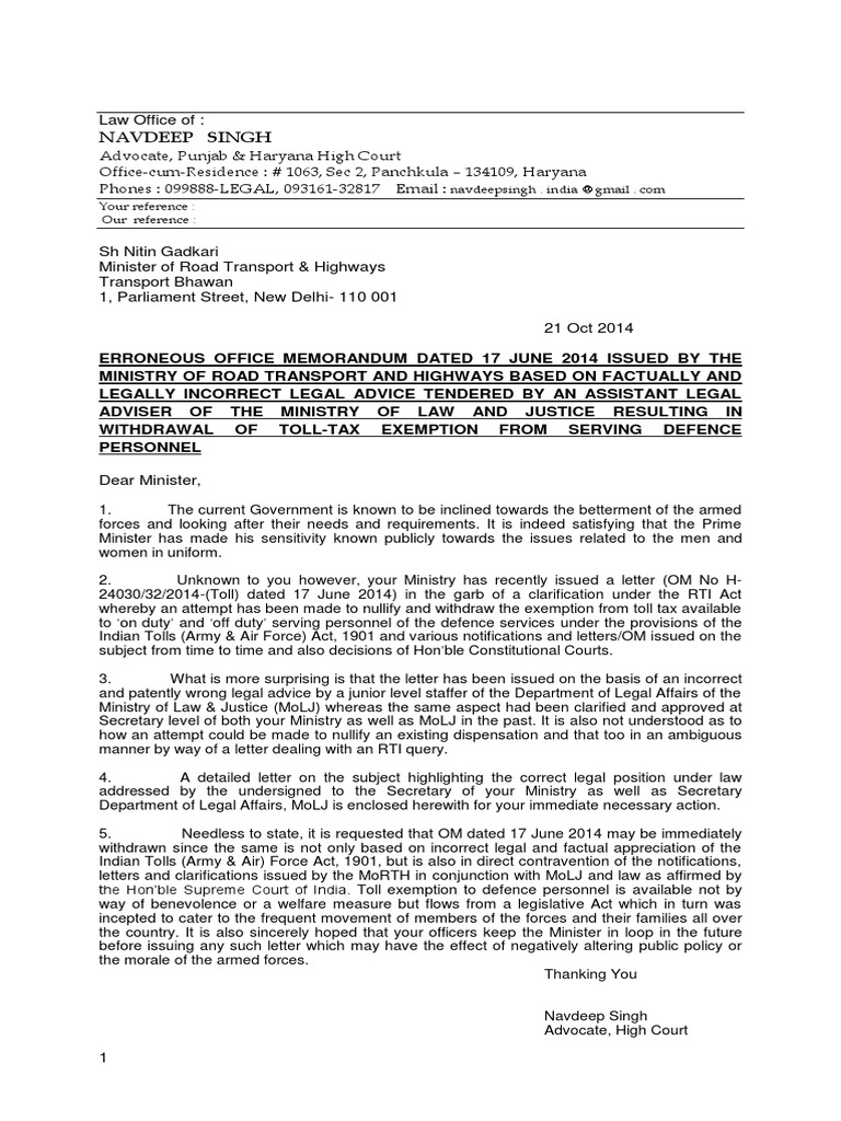 Toll Tax Letter To Minister MoRTH | PDF | New Delhi | Supreme Courts