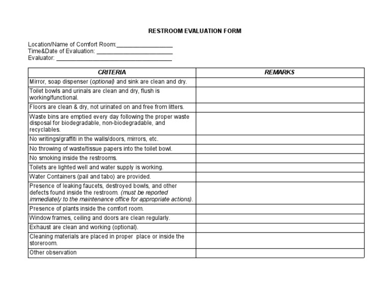 Criteria Remarks: Restroom Evaluation Form | PDF