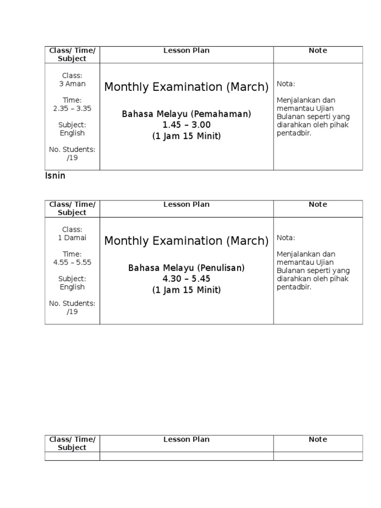 Lesson Plan For Examination | PDF