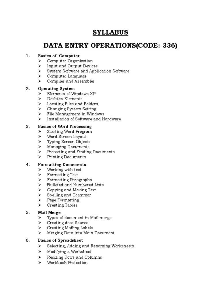 Syllabus Data Entry Operations (Code: 336) : 1. Basics of Computer | PDF