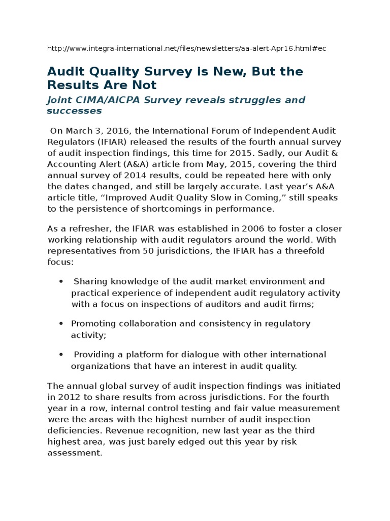 Audit Quality Survey Is New, But The Results Are Not: Joint CIMA/AICPA ...