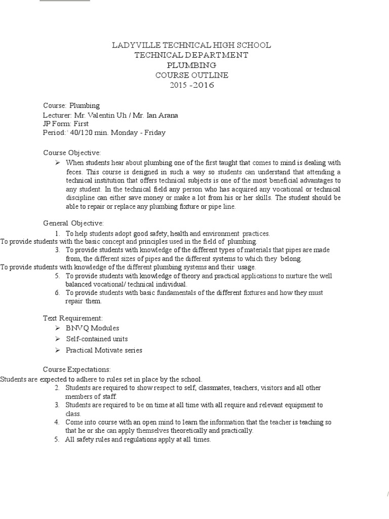 PLumbing Course Outline First Form | PDF