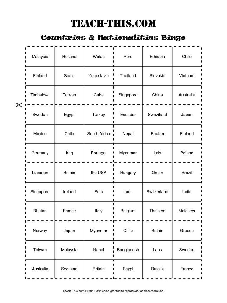 Countries & Nationalities Bingo Game | PDF