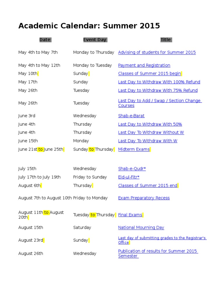 Summer 2015 Academic Schedule | PDF | Career & Growth