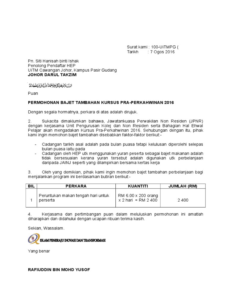 Surat Bajet Tambahan Maulud Nabi Saw 2015 | PDF