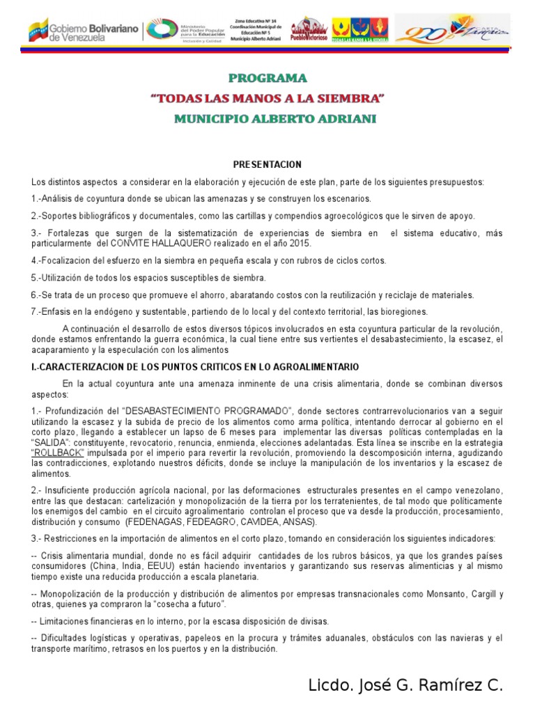 Plan Anual PTMS Alberto Adriani | PDF | Siembra | Agroecología