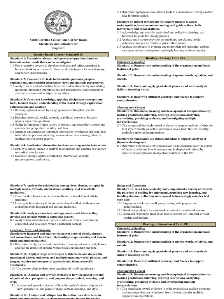 English 1 Standards | Download Free PDF | Reading Comprehension ...
