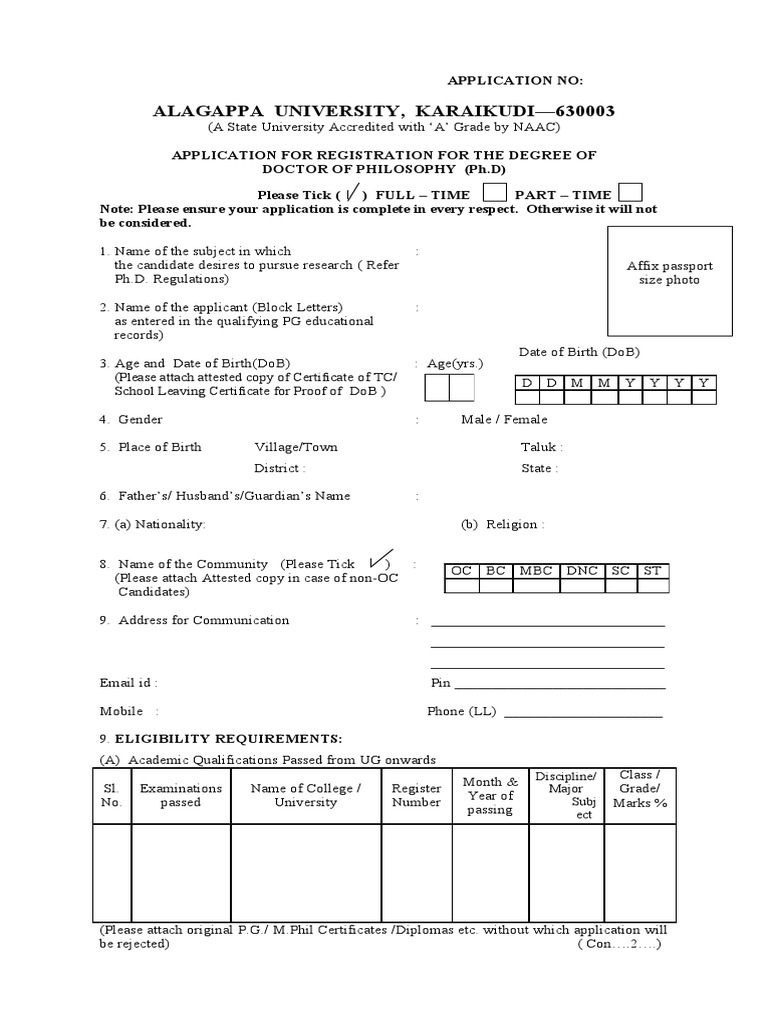 Alagappa University PHD Application Form | PDF | Doctor Of Philosophy ...