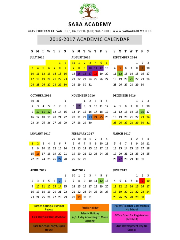 SABA Academy 2016-2017 Calendar | PDF | Moon | Holidays