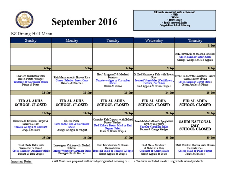 September School Dining Menu | PDF | Cooking, Food & Wine | Wellness