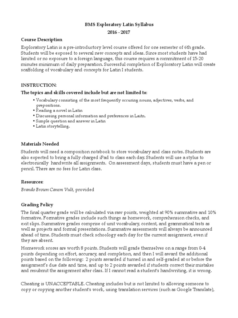 Bms Exploratory Latin Syllabus | PDF | Homework | Latin