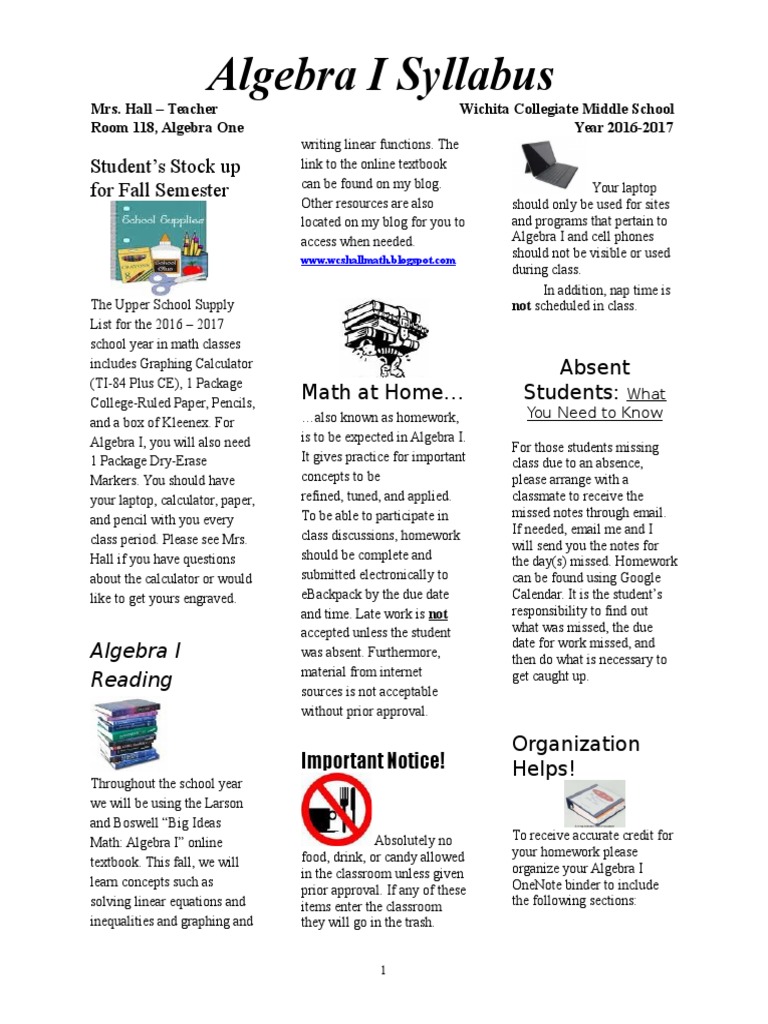 Syllabus Algebra I 2016-2017 | PDF | Algebra | Homework