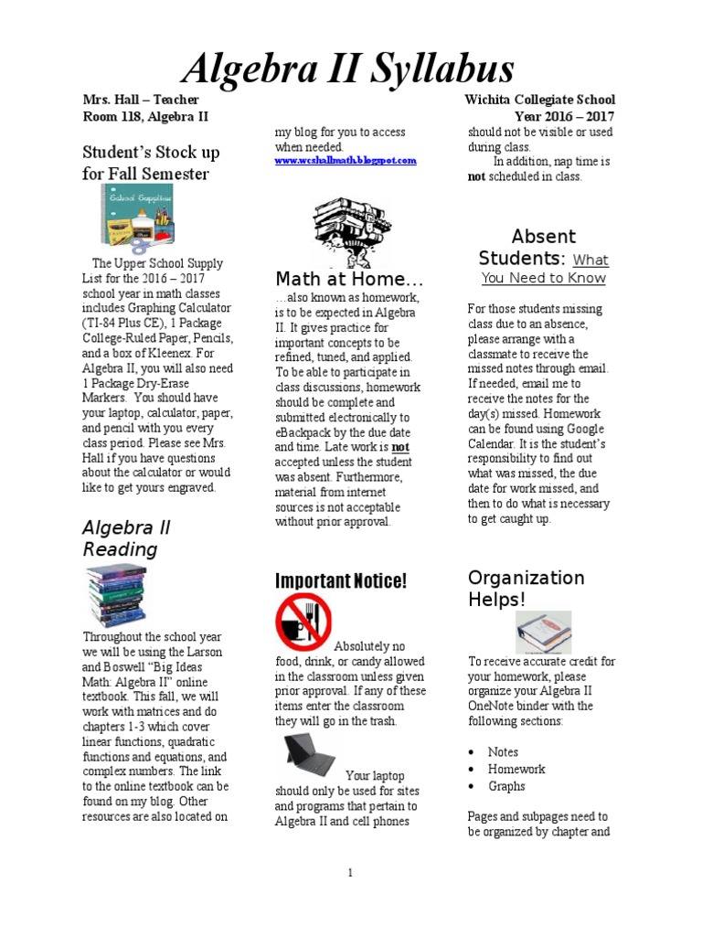 Syllabus Algebra II 2016 - 2017 | PDF | Algebra | Teaching Mathematics