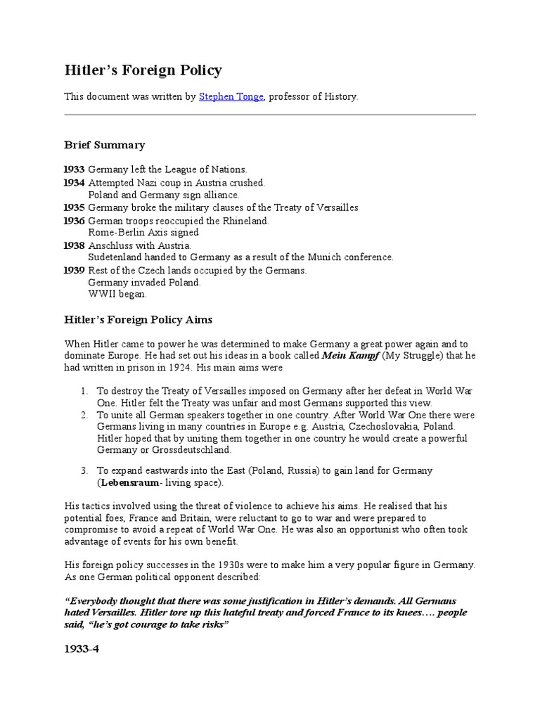 Hitler's Foreign Policy Overview | PDF | Nazi Germany | Adolf Hitler